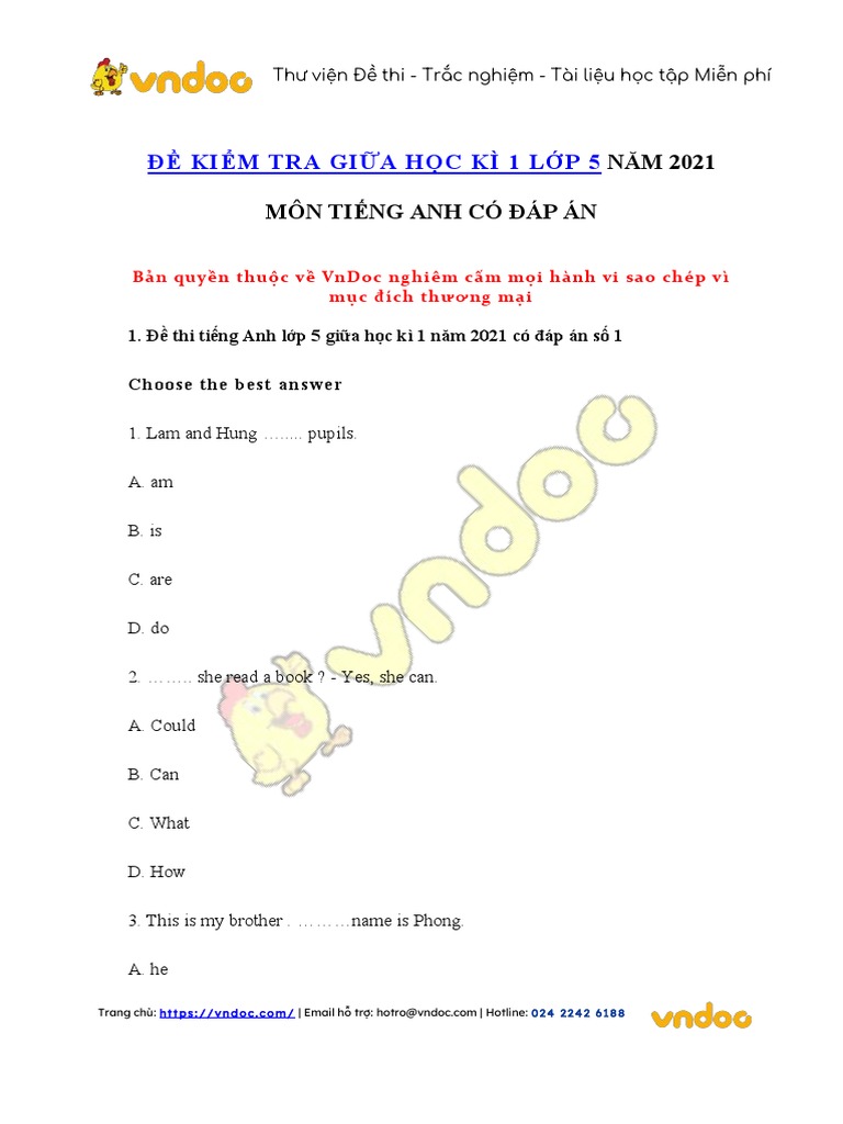 Bo de Thi Giua Ki 1 Lop 5 Mon Tieng Anh Nam 2021 | PDF