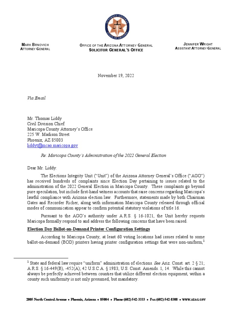 Letter To Maricopa County Re 2022 General Election Administration | PDF ...