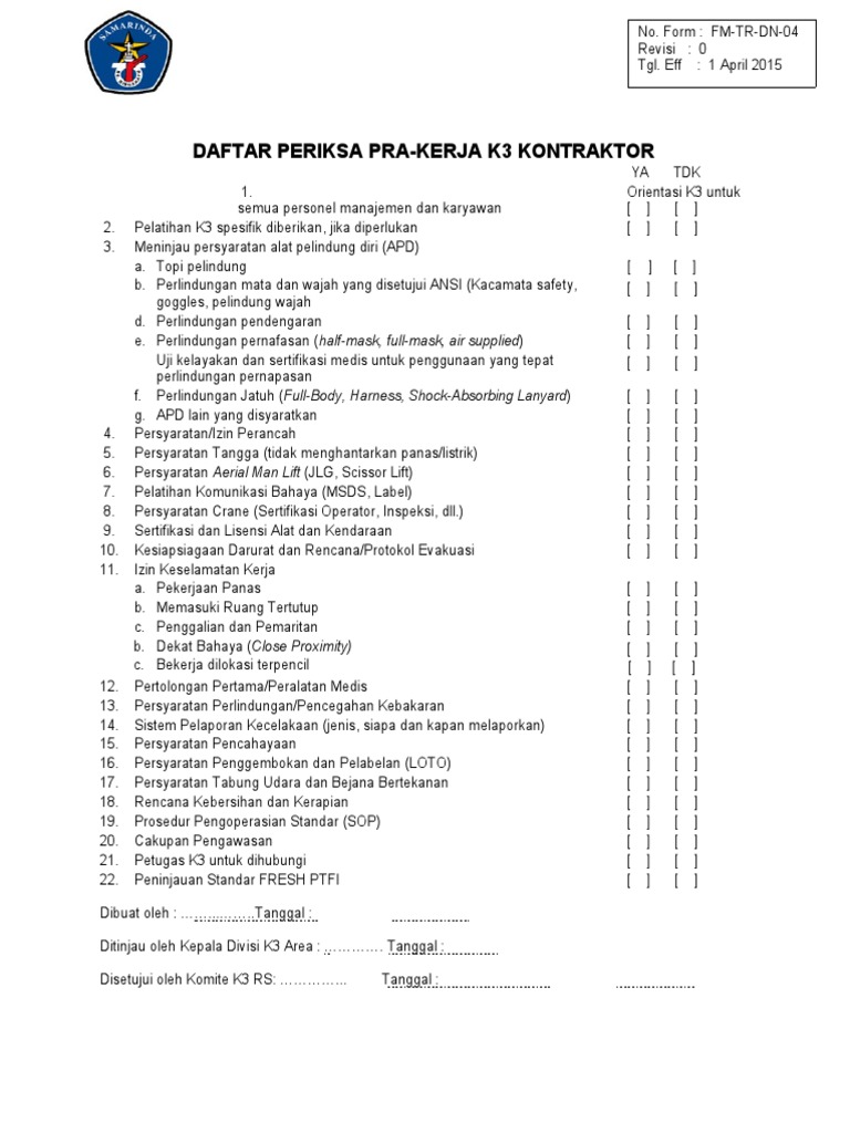 FORM 15 Daftar Periksa K3 Kontraktor | PDF