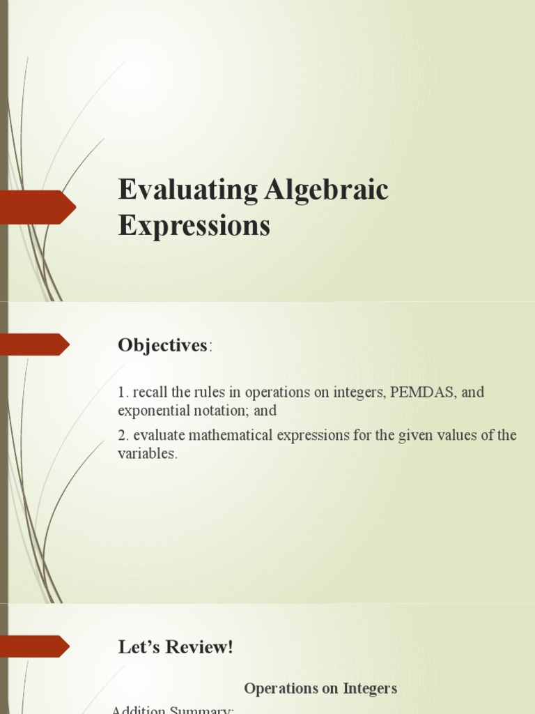 Evaluating Algebraic Expressions | PDF | Multiplication | Exponentiation