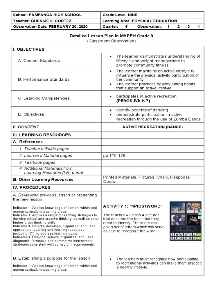 COT 4th Quarter DLL PE | PDF | Teaching Method | Curriculum