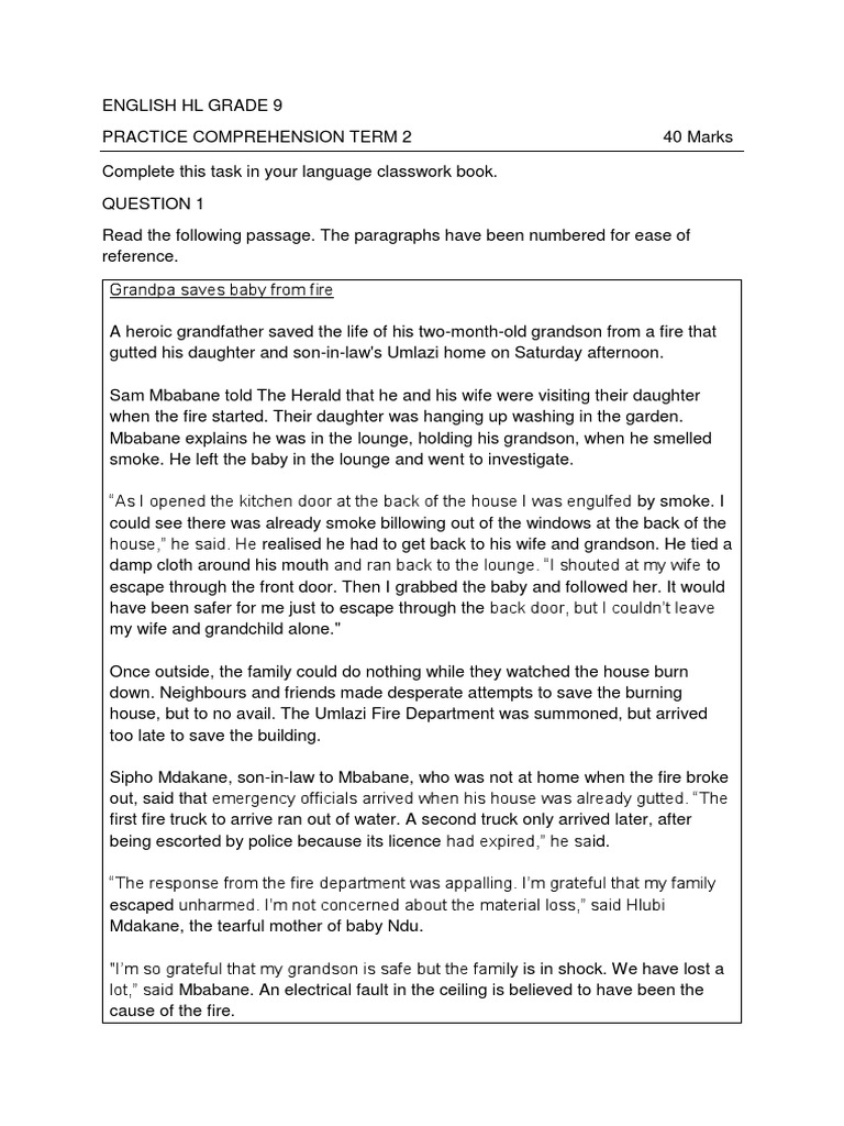 GR 9 Term 2 Comprehension Practice Test 1 | PDF