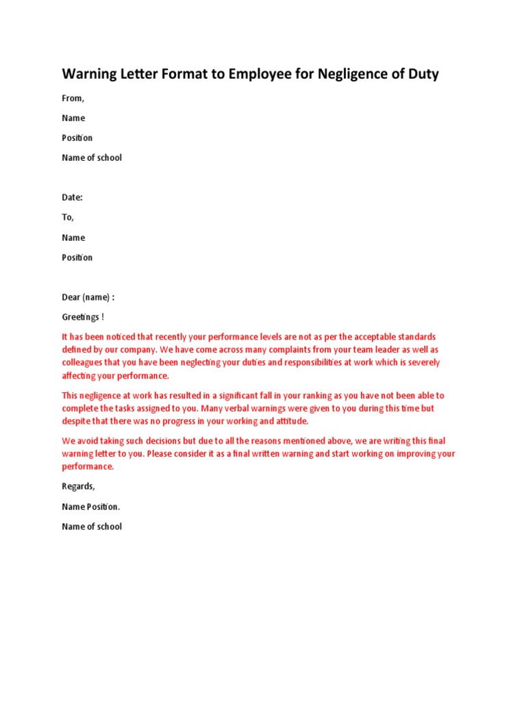 Warning Letter To Employee For Negligence of Duty | PDF