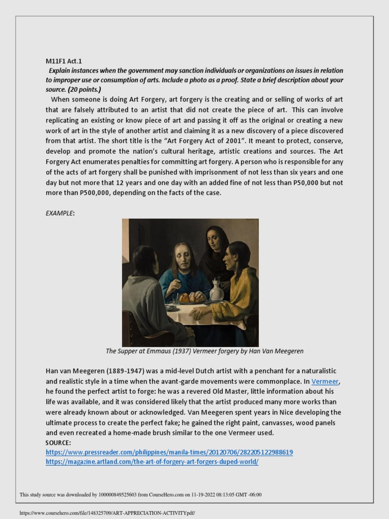 Art Appreciation Activity PDF | PDF | Forgery | Crimes