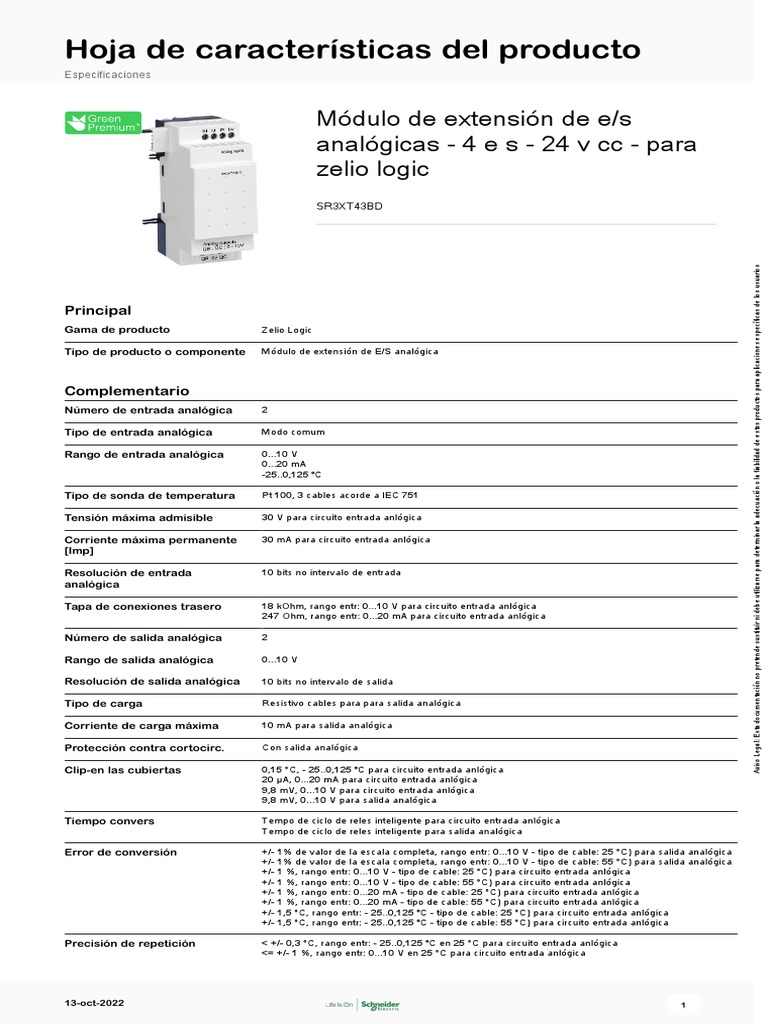 Zelio Logic SR3XT43BD Analog I/O Module Specifications | PDF