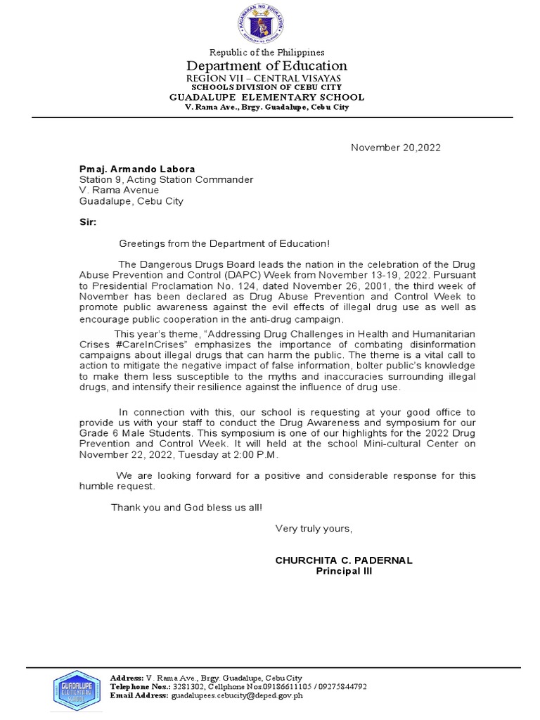 Request Letter Police Station 9 Invitation Letter For Drug Symposium | PDF