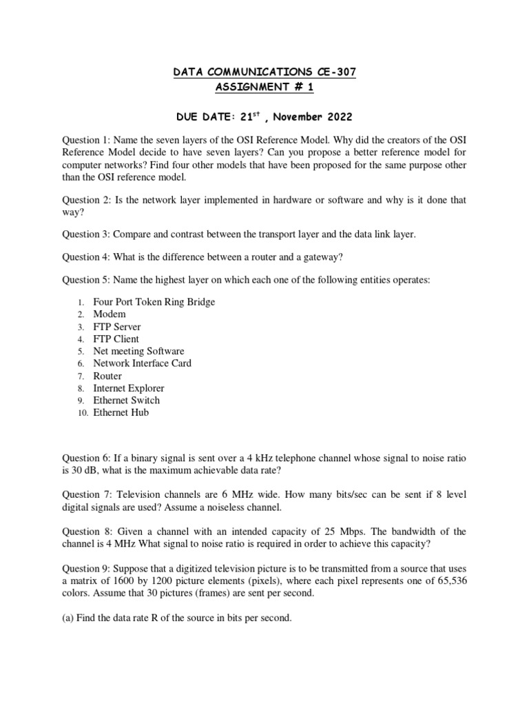 Data Comm Assignment-1 | PDF | Computer Network | Bandwidth (Signal Processing)