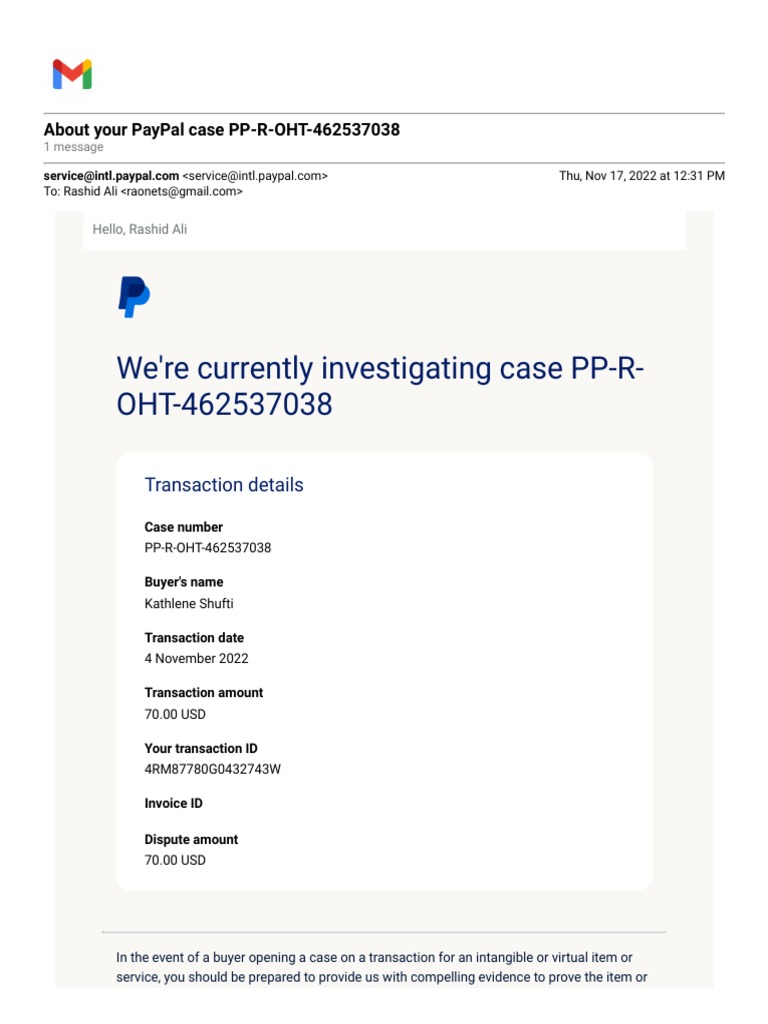 Gmail - About Your PayPal Case PP-R-OHT-462537038 | PDF | Pay Pal ...