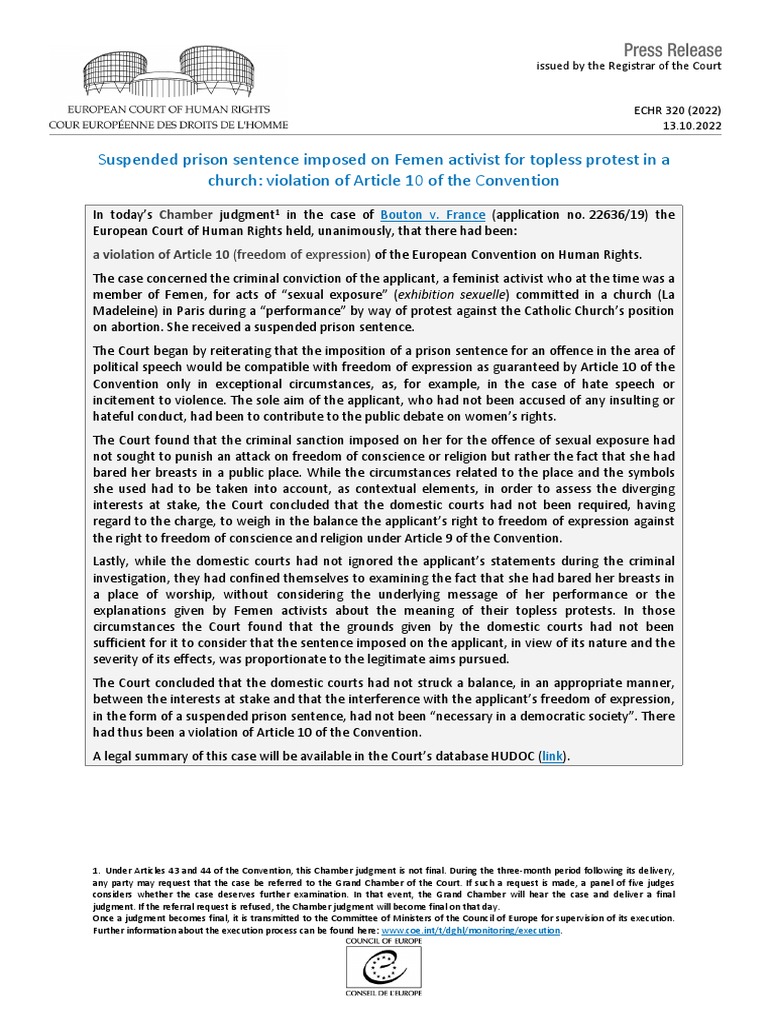 Judgment Bouton v. France - Suspended Prison Sentence Imposed On Femen ...