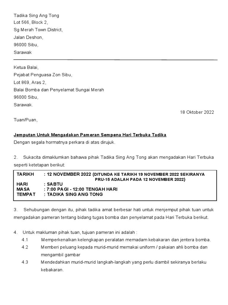 Surat Jemputan Bomba Dan Penyelamat Sempena Hari Terbuka | PDF