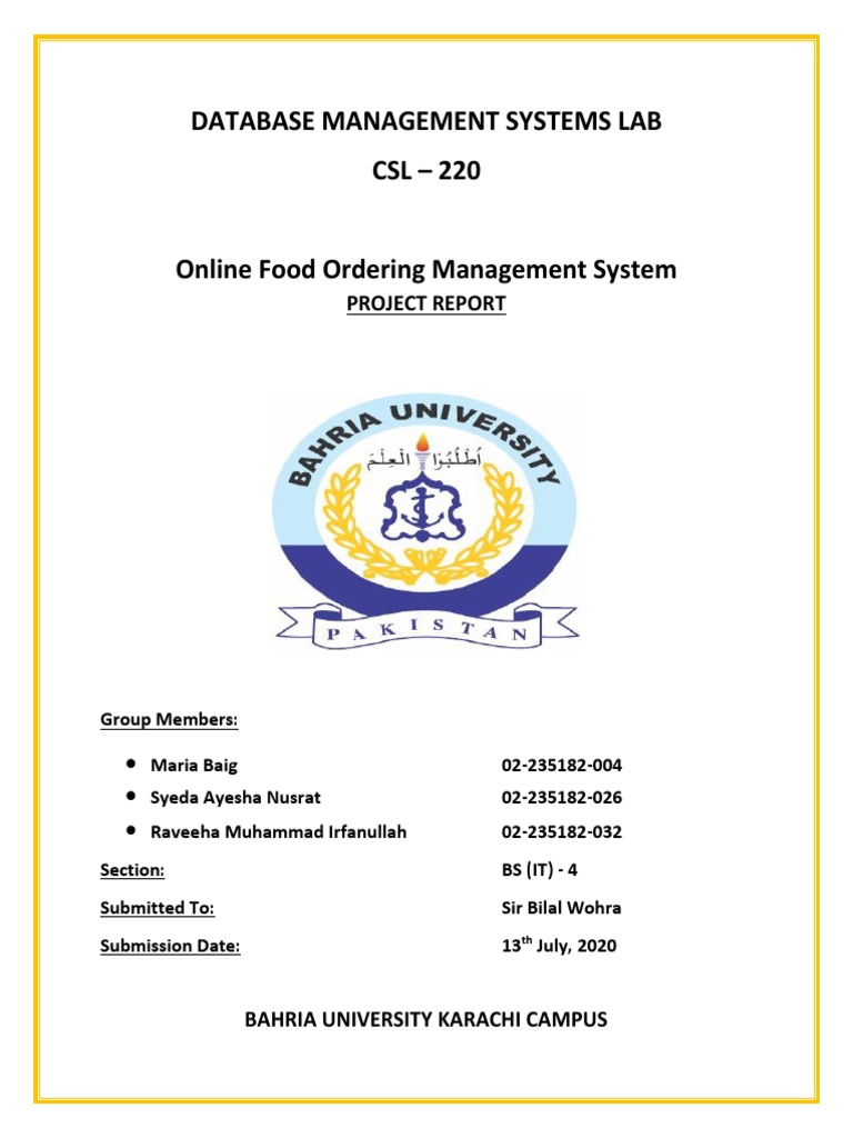 Online Food Ordering Management System Project Report PDF | PDF