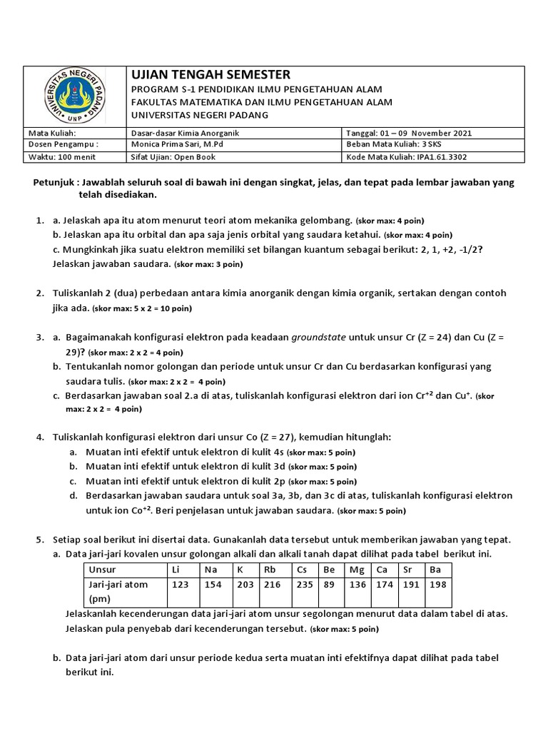 Naskah Soal UTS Dasar Kimia Anorganik Kls Reg 2021 | PDF