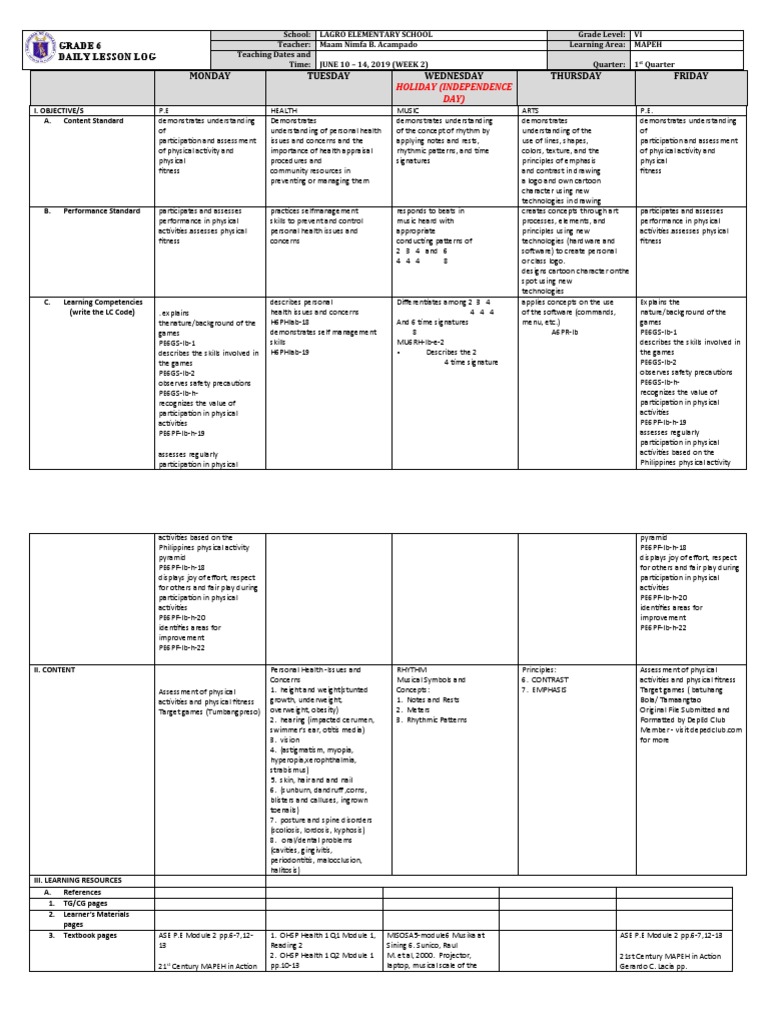DLL - Mapeh 6 - Q1 - W2 | PDF