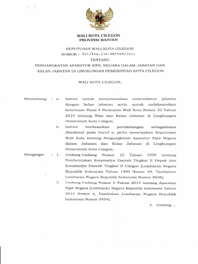 SK Kelas Jabatan Cilegon Tahun 2022 | PDF