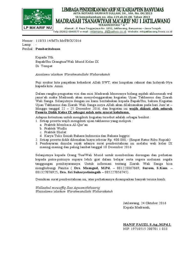 Surat Pemberitahuan Wali Murid | PDF