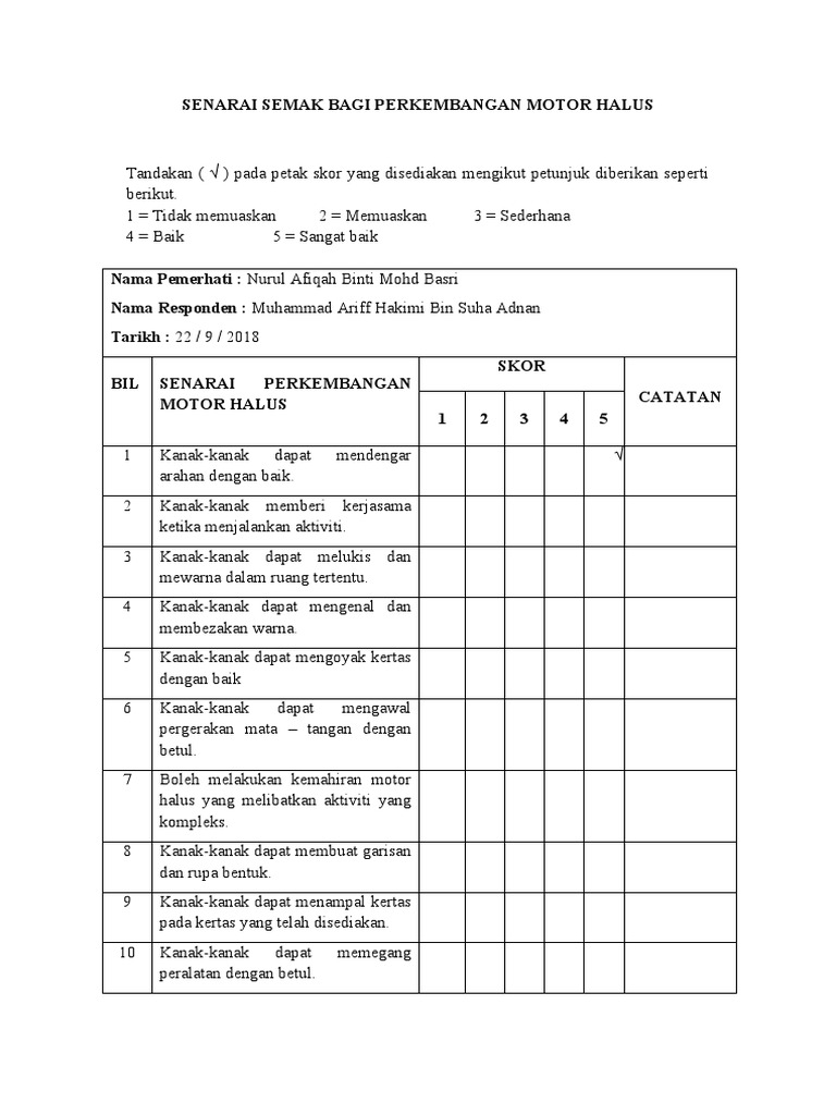 Senarai Semak Bagi Perkembangan Motor Halus | PDF