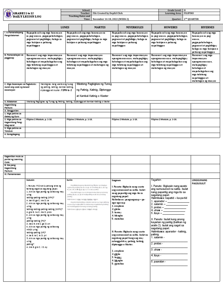 DLL Filipino 2 q2 w2 | PDF