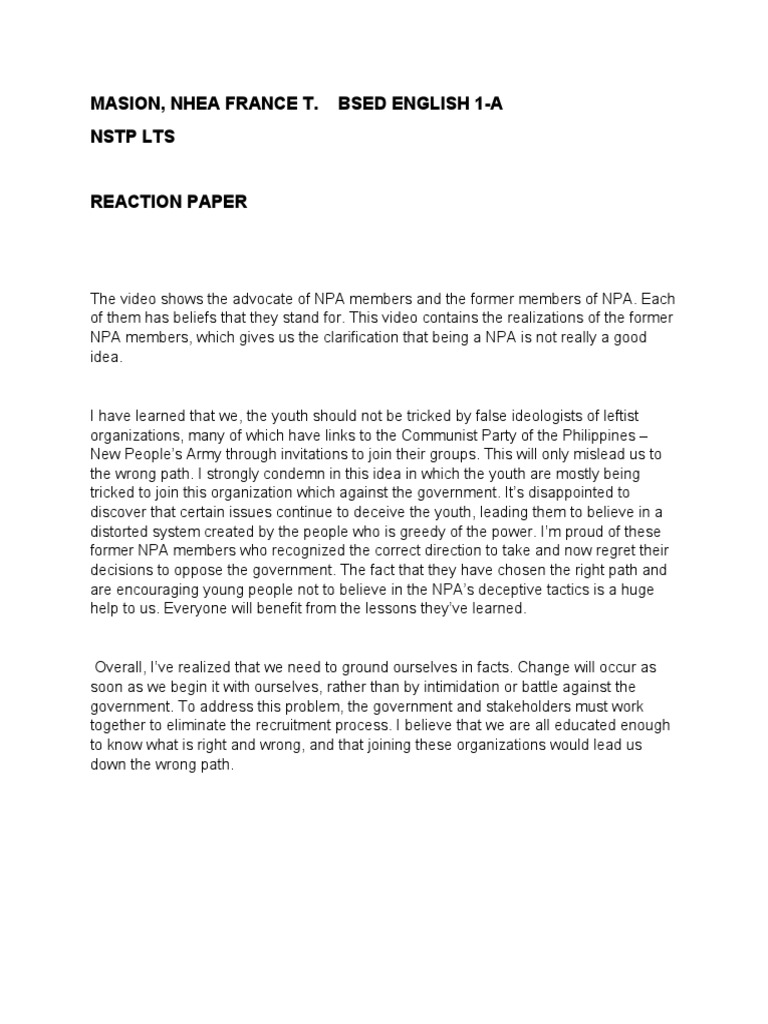 Bsed English 1a Reaction Paper | PDF | Social Science | Self-Improvement