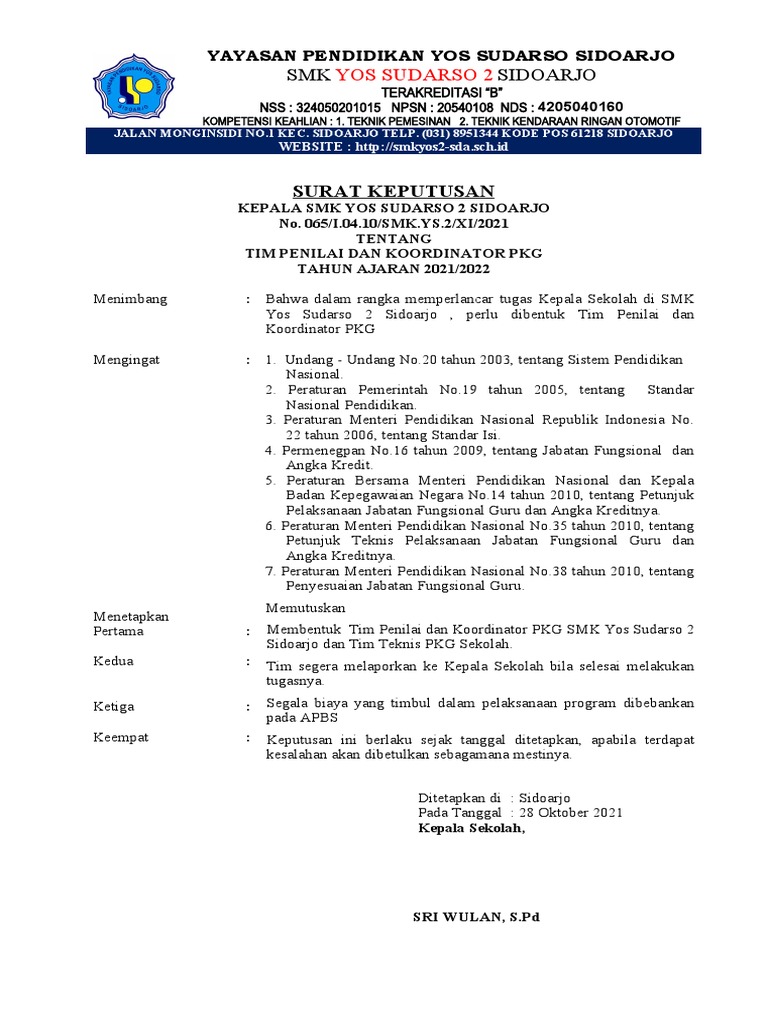 SK. Penilaian Kerja Guru (PKG) 2021 | PDF