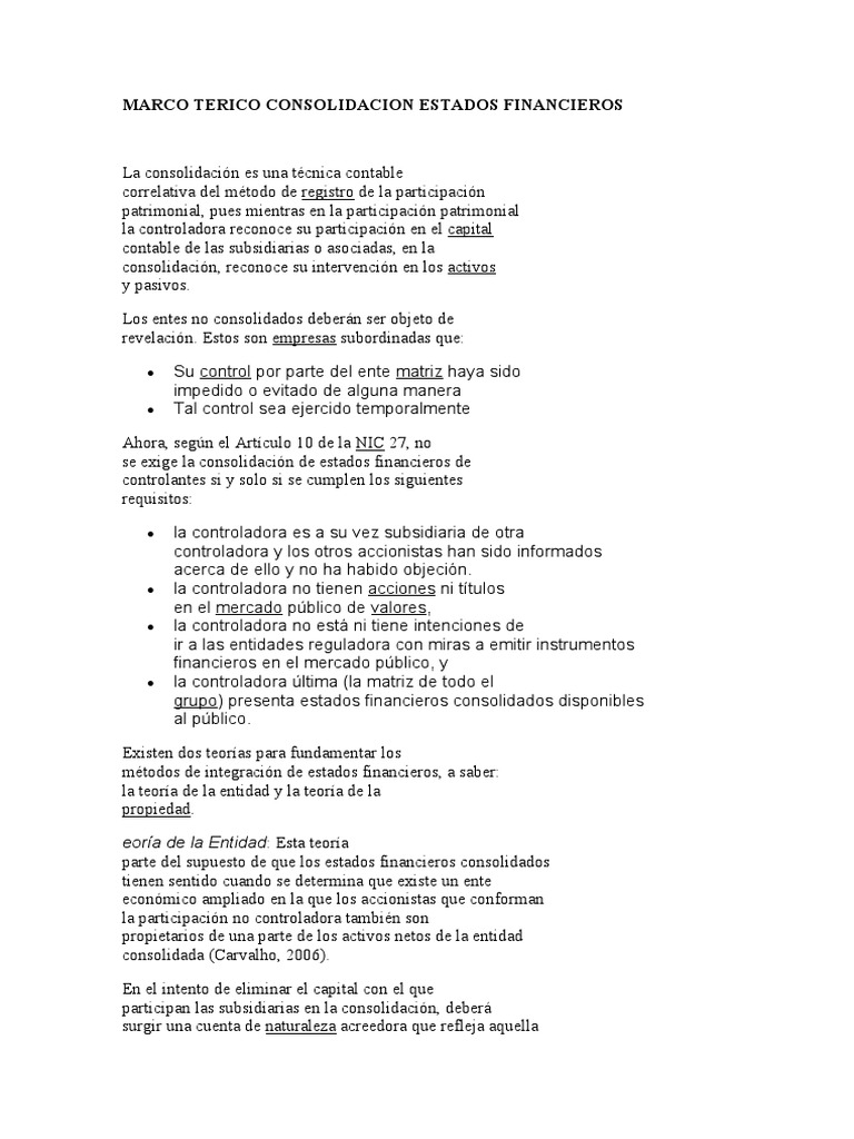 Marco Terico Consolidacion Estados Financieros | PDF | Contabilidad ...