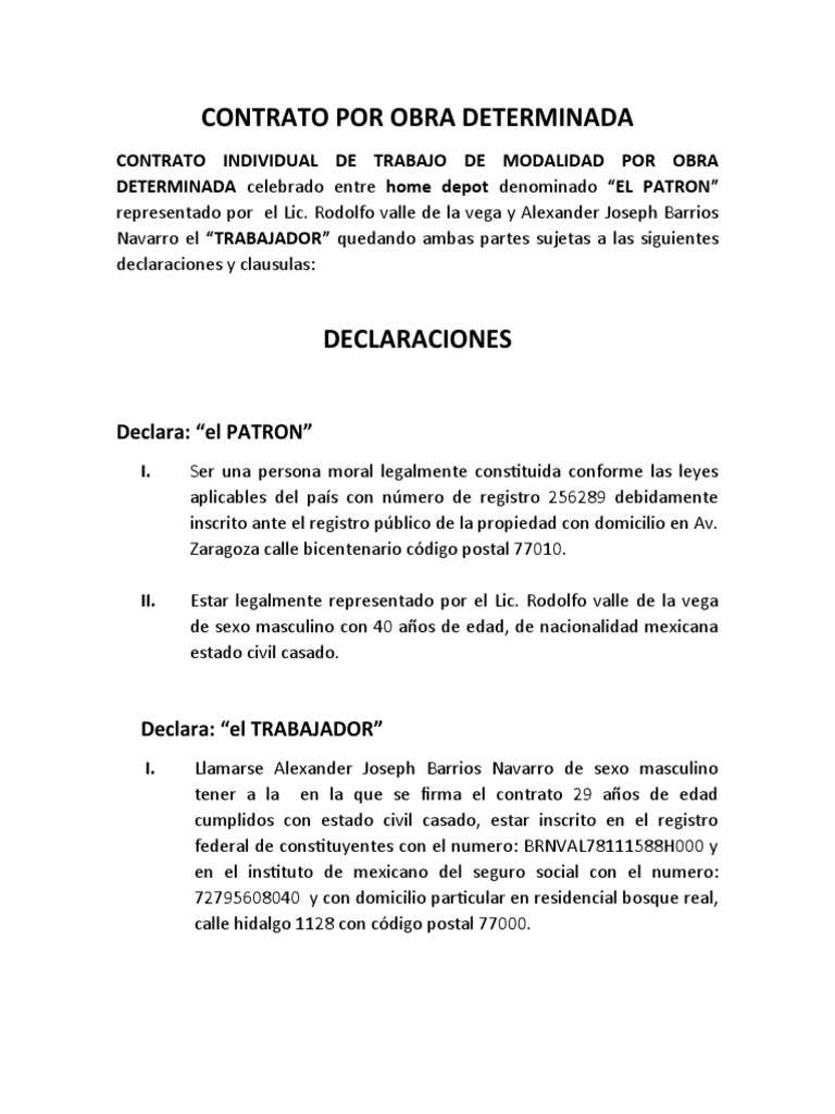 Contrato Por Obra Determinada | PDF | Salario