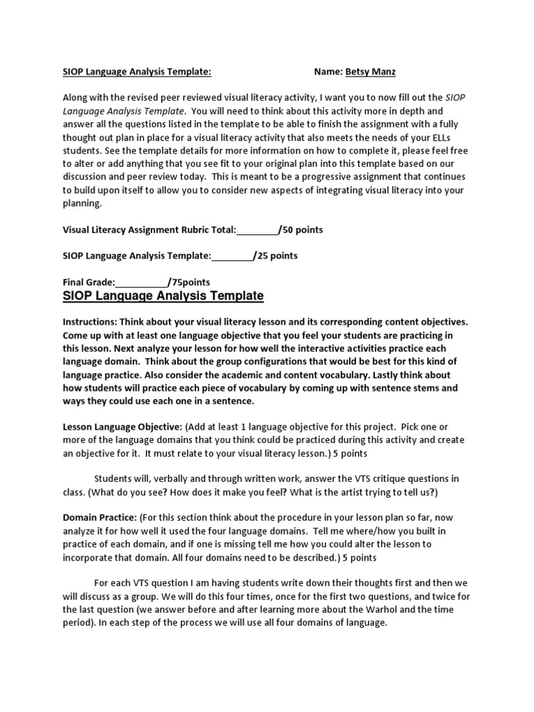 Siop Language Analysis Template Fall 2020 | PDF | Human Communication ...