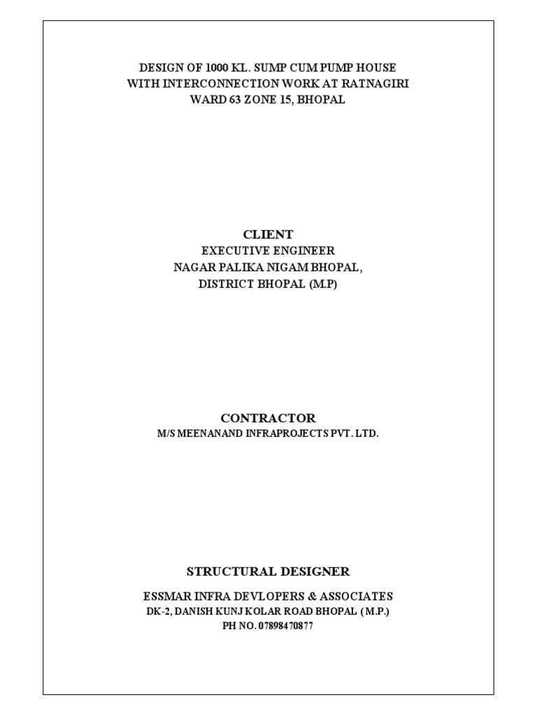 100KL Sump Cum PH - Bhopal Des | PDF | Civil Engineering | Mechanical ...