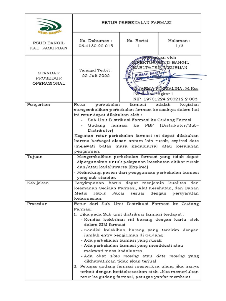 Retur Perbekalan Farmasi | PDF