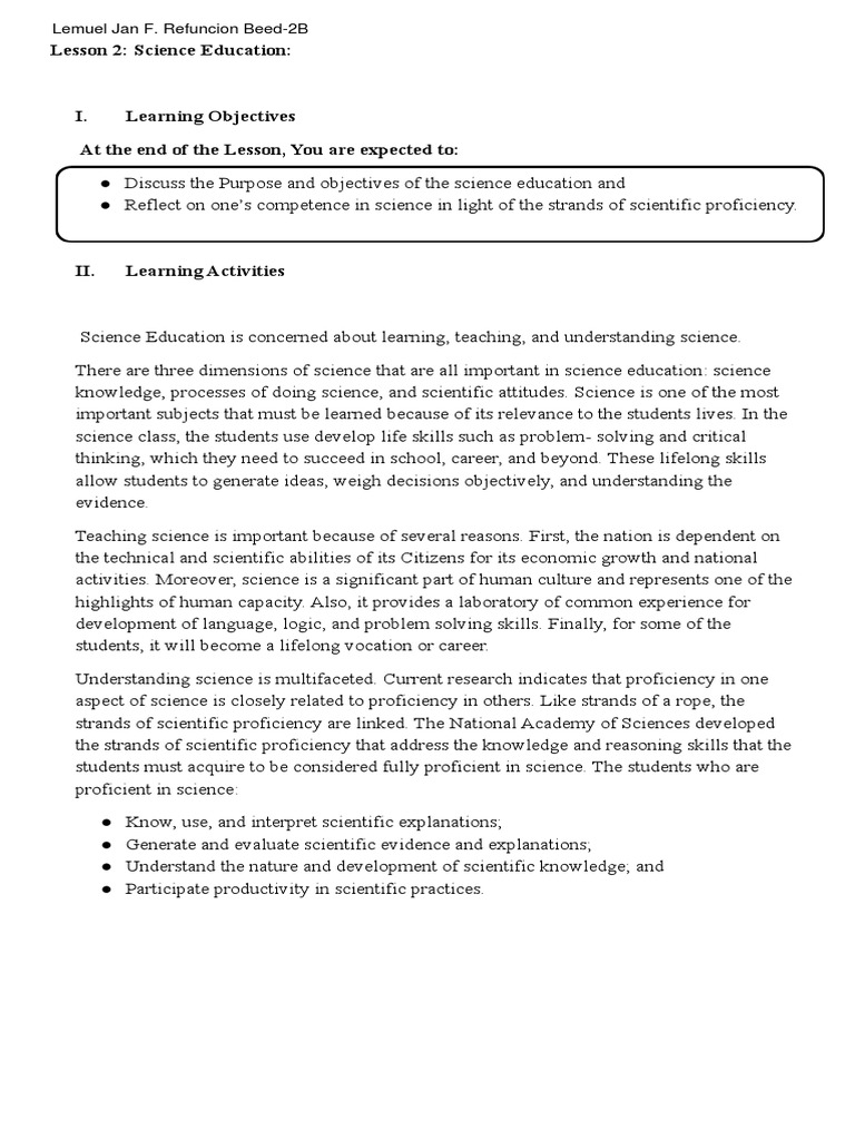Science Lemuel Jan F. Refuncion 2B | PDF | Teaching Method | Science