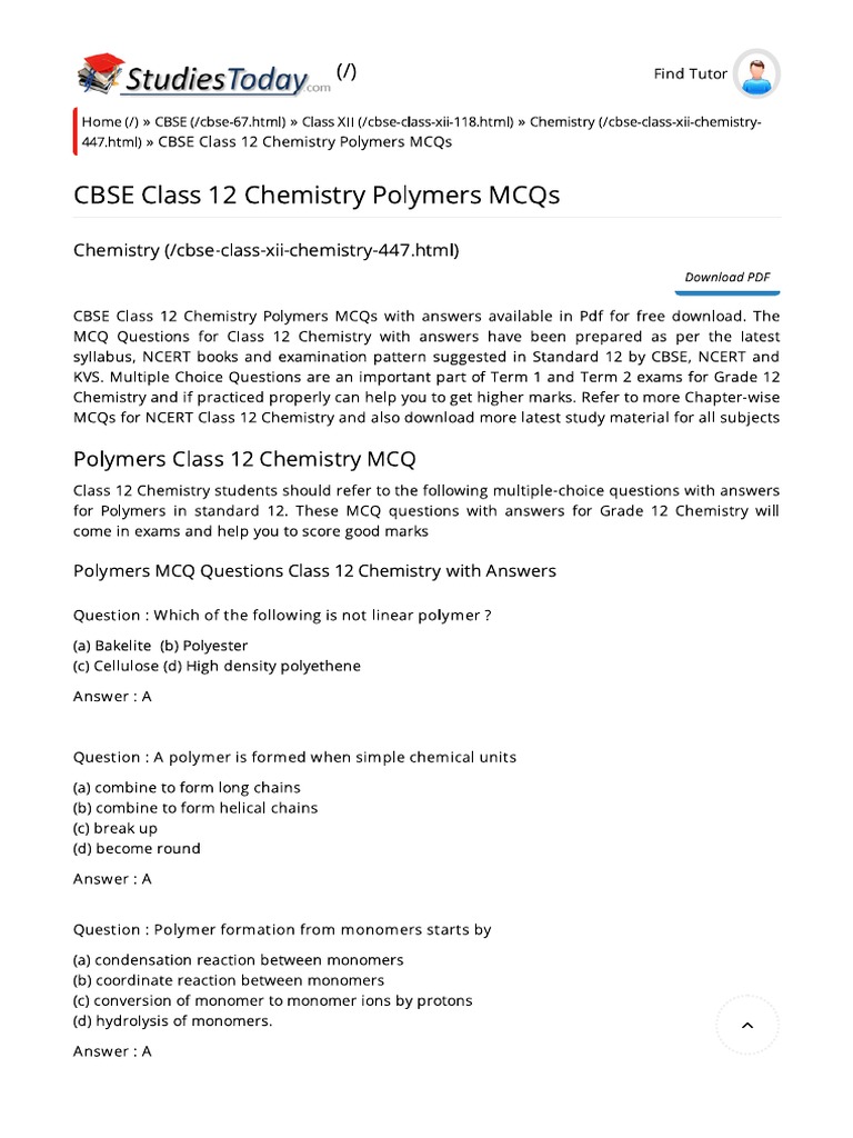 CBSE Class 12 Chemistry Polymers MCQS, Multiple Choice Questions | PDF