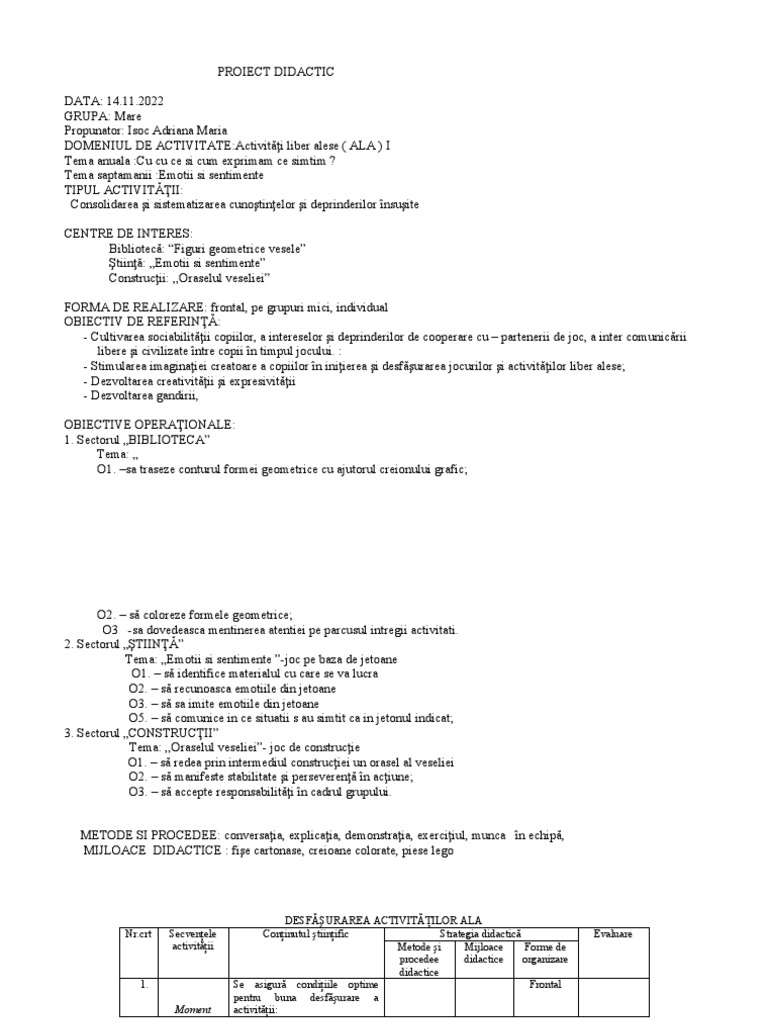 1 Proiect Didactic Ala I | PDF