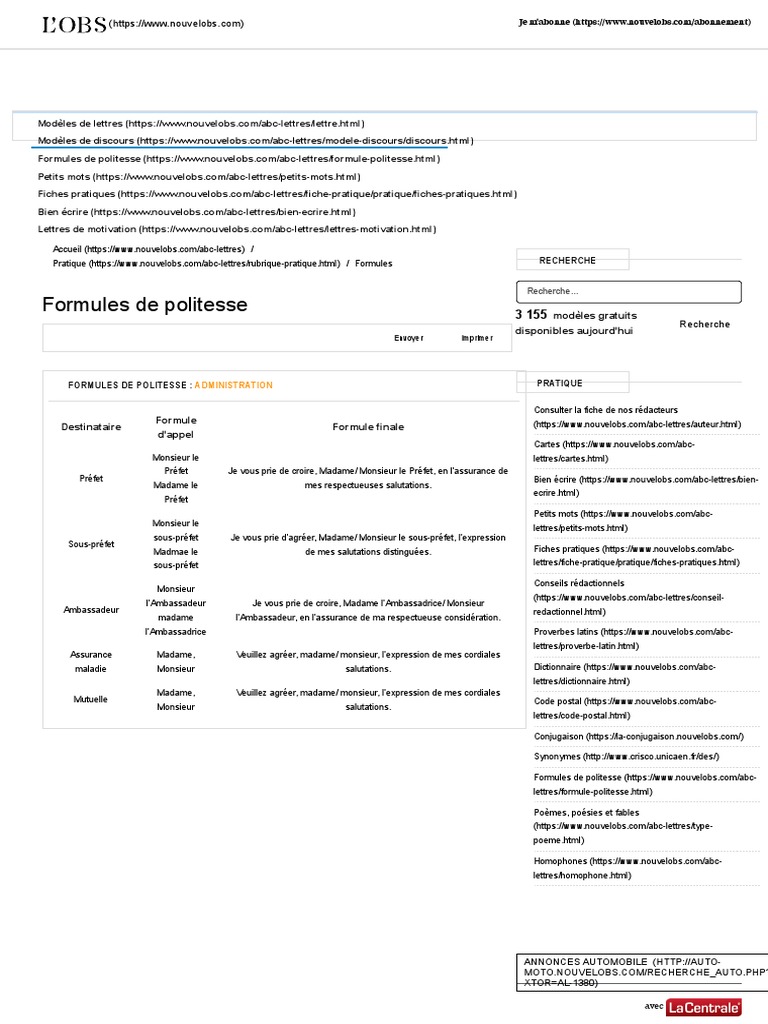 Formules de Politesse ADMINISTRATION - ABC-Lettres Par L'obs | PDF