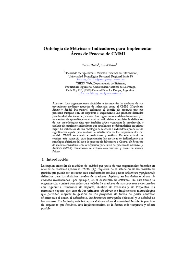 Ontología de Métricas e Indicadores para Implementar Áreas de Proceso ...