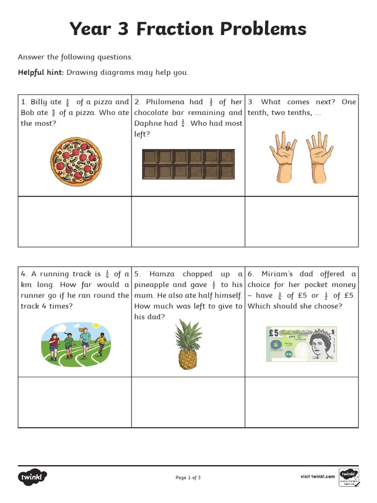 Year 3 Fraction Problems Activity Sheet | PDF