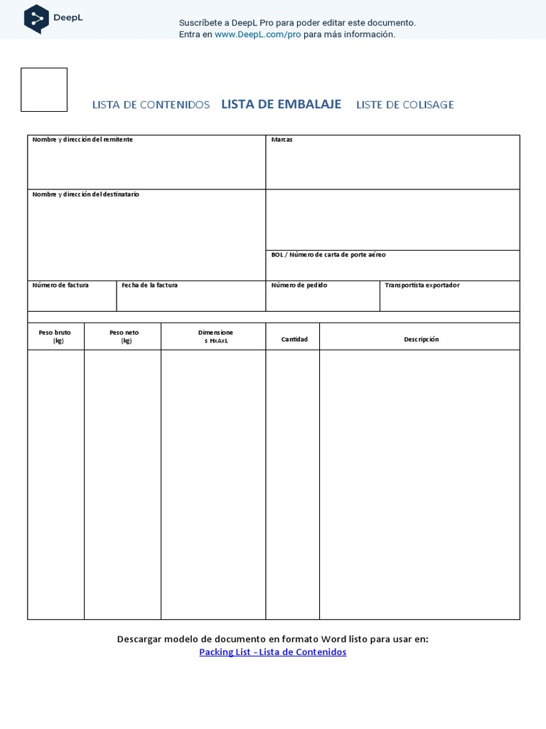 Ejemplo-Packing-List-Lista-De-Contenidos Word Es | PDF