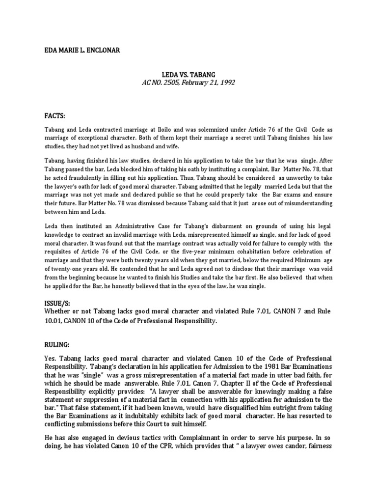 Leda vs. Tabang | PDF