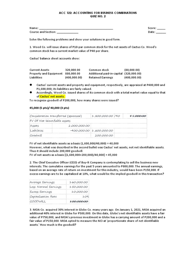 ACC 122 Quiz 2 Solutions | PDF | Goodwill (Accounting) | Valuation ...