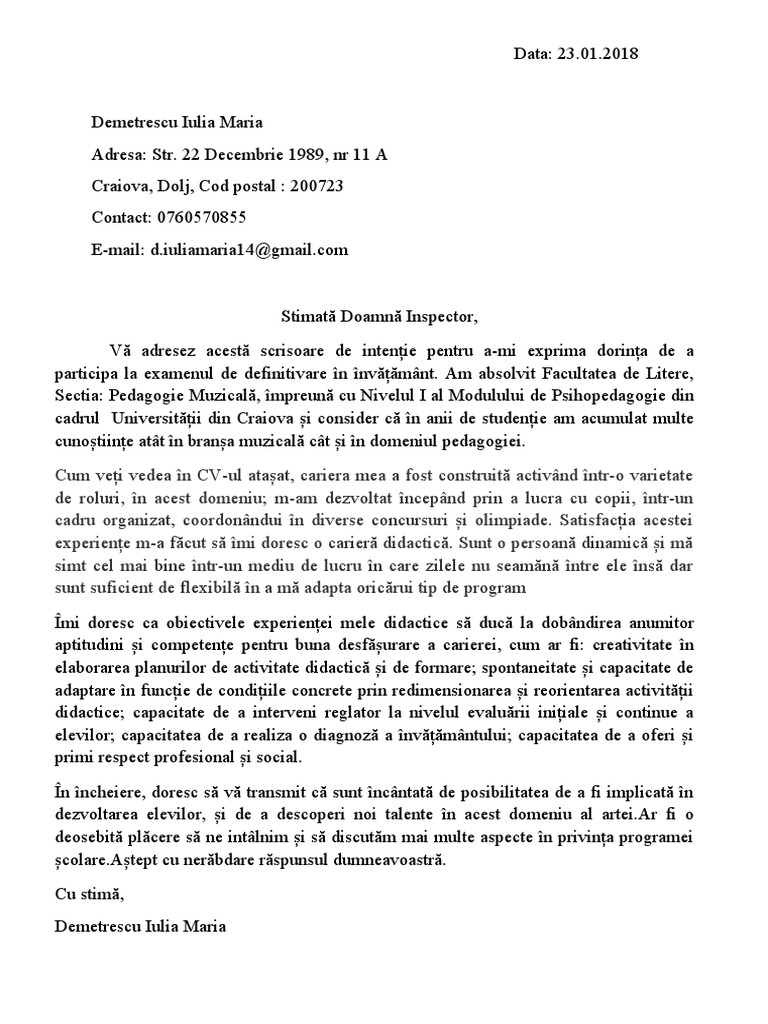 Scrisoare de Intentie | PDF