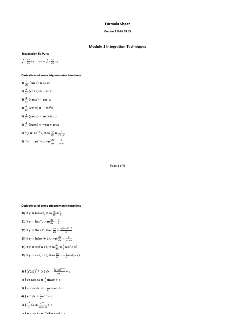 MTH425 Integral Formula Sheet | PDF