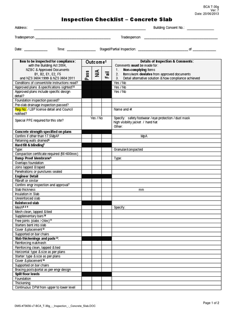 Residential Concrete Slab Inspection Checklist | PDF