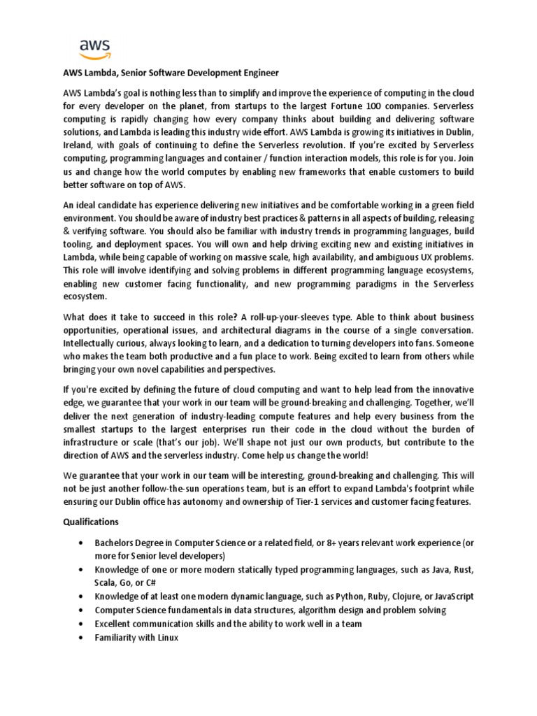 AWS Lambda, Senior Software Development Engineer | PDF | Computer Programming | Cloud Computing