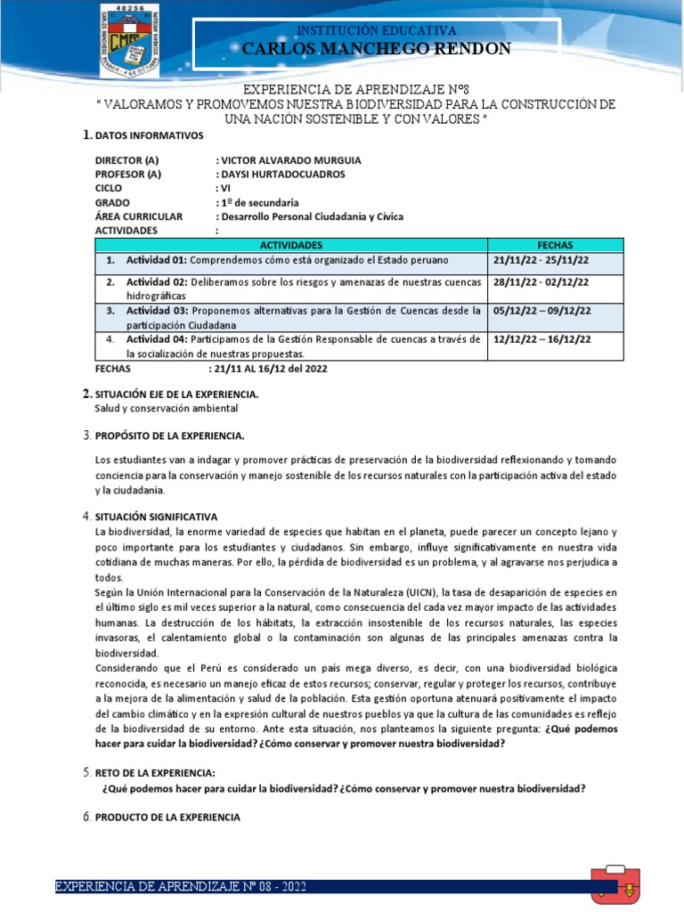 1º Eda 8 DPCC - 2022 | PDF | Aprendizaje | Biodiversidad