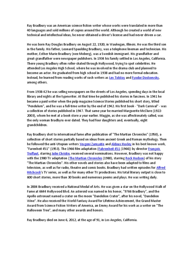 Ray Bradbury Biography | PDF | Ray Bradbury | Edgar Rice Burroughs