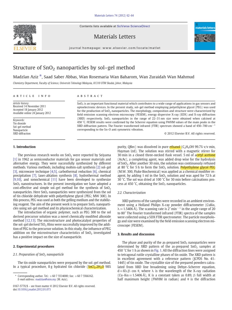 Structure of SnO2 Nanoparticles by Sol-Gel Method | PDF | X Ray ...