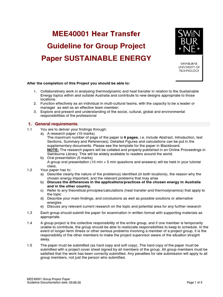 MEE40001 - Group - Project - Guideline - 2020 Sheet 1 | PDF