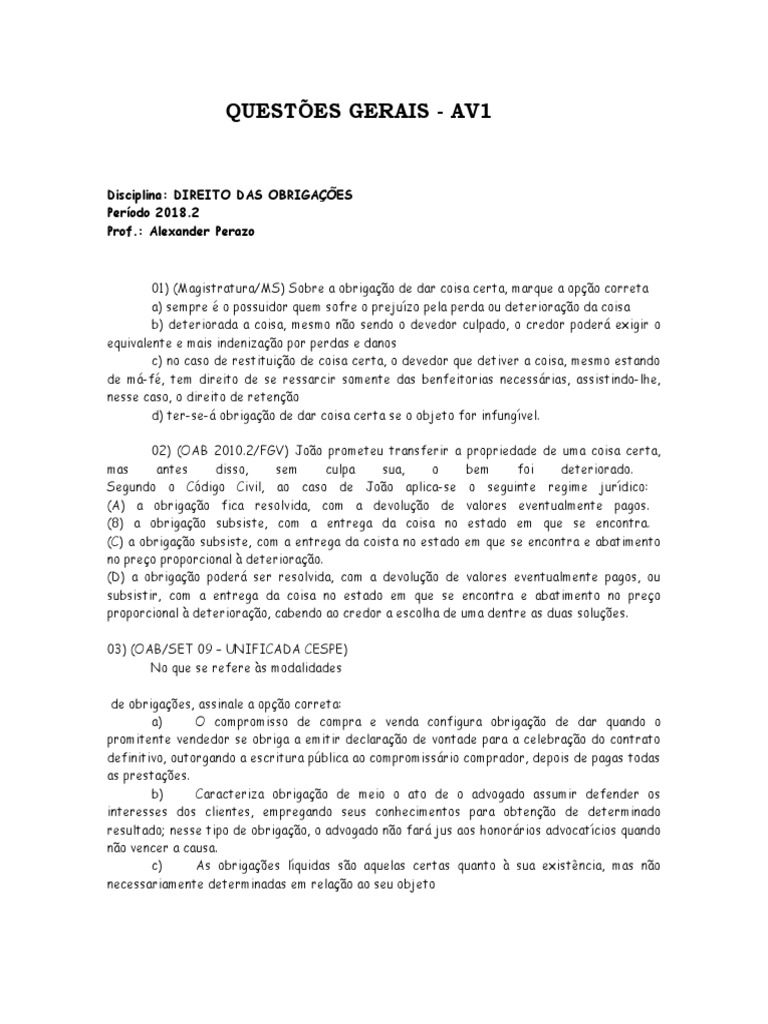 Exercicios Obrigacoes - AV1 - Unifor | PDF