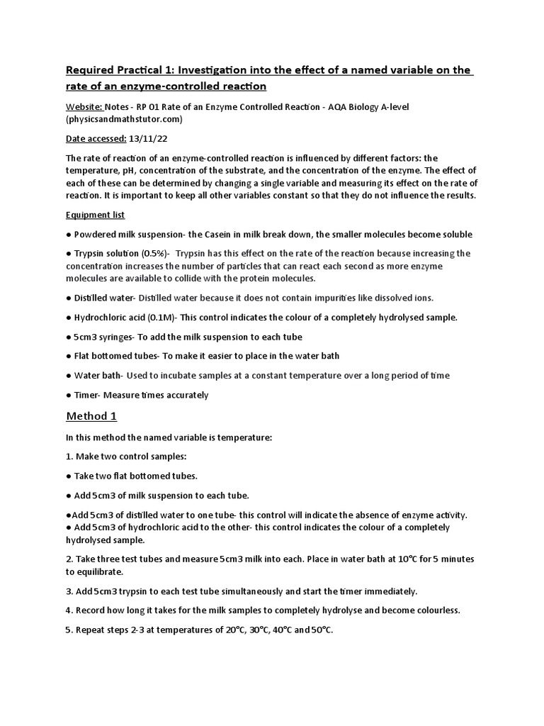 Rate of Enzyme-Controlled Experiment Write-Up | PDF | Trypsin | Enzyme