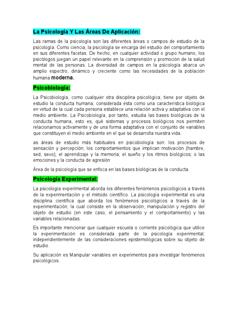La Psicología Y Las Áreas de Aplicación | PDF | Sicología | Aprendizaje