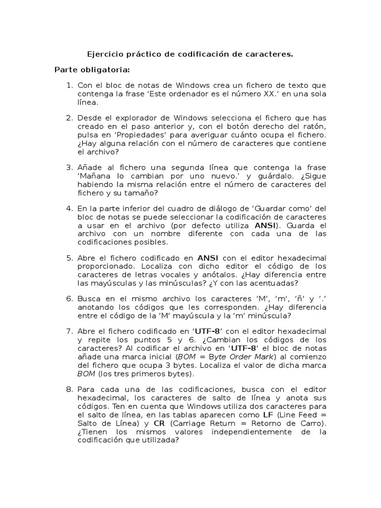 Ejercicio de Codificación de Caracteres (Práctico) | PDF | Archivo de ...