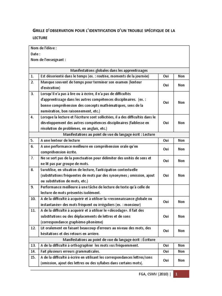 Grille Observation Dys Lexie | PDF
